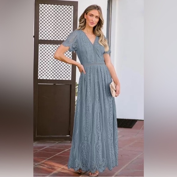 Merokeety | Dresses | Merokeety Sky Blue Lace Overlay Short Sleeve Maxi ...